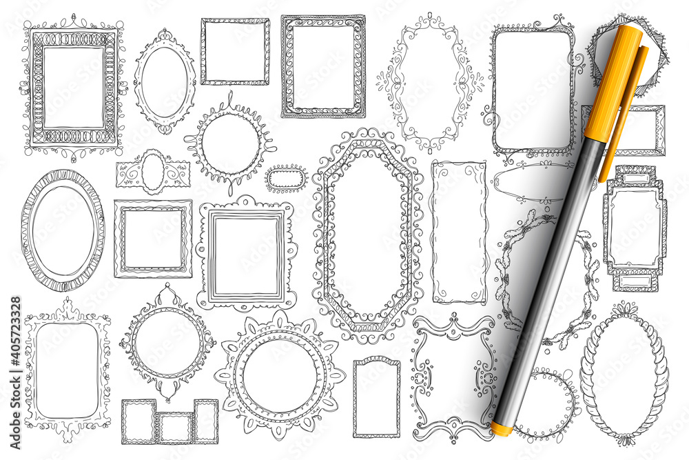 Mirrors and frames doodle set. Collection of hand drawn elegant vintage ...