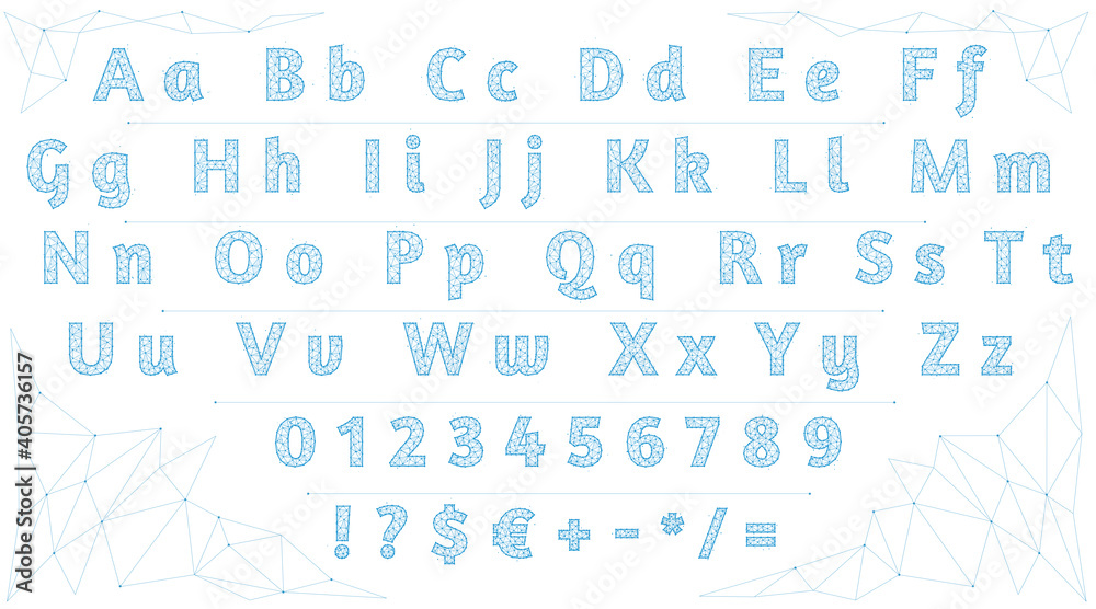 Polygonal font. Low poly letters, numbers and signs. Alphabet created ...
