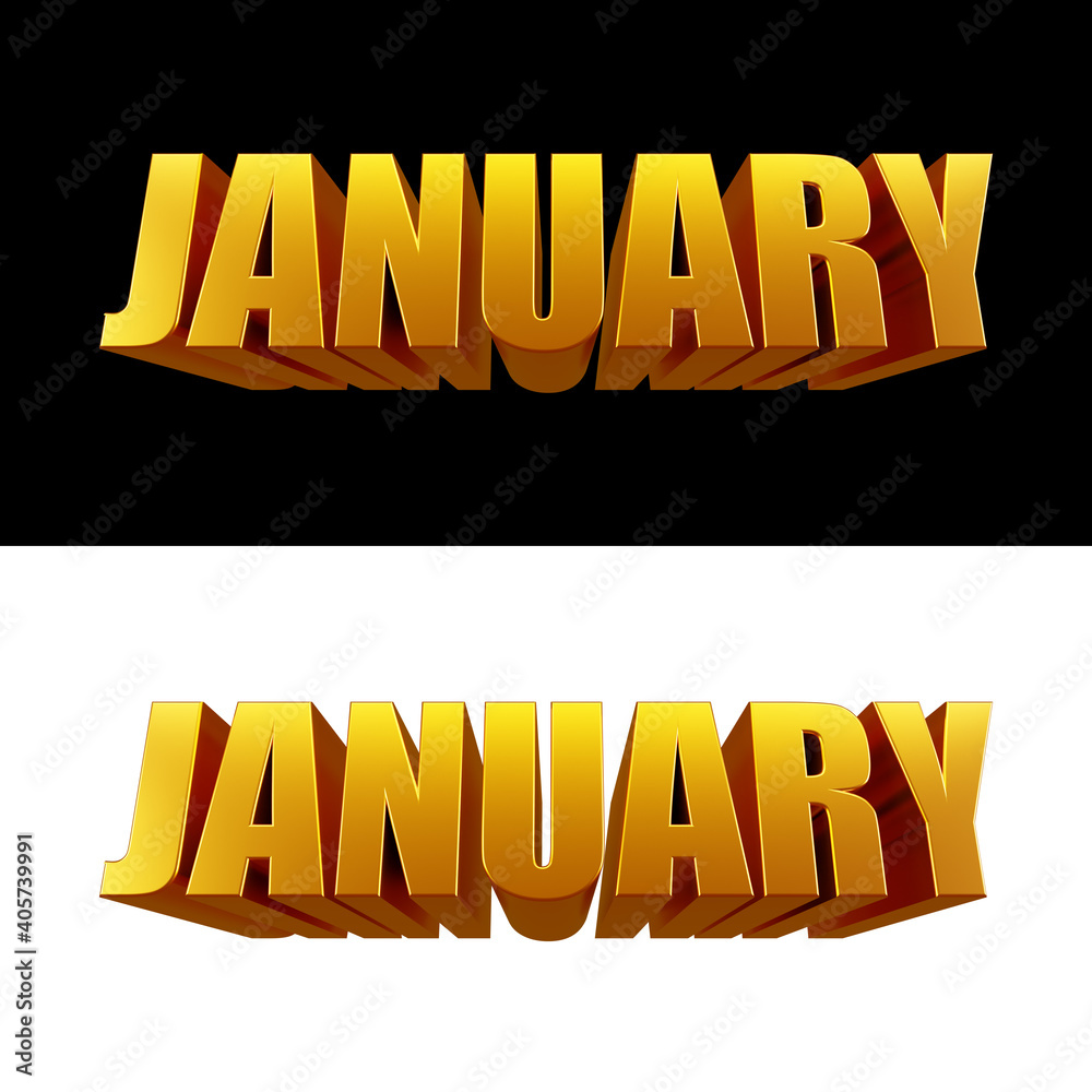 January 3D golden metallic text isolated aon white and black, calendar ...