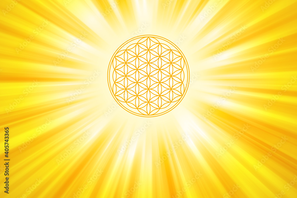 Golden Flower of Life with sun rays background. Geometric figure ...