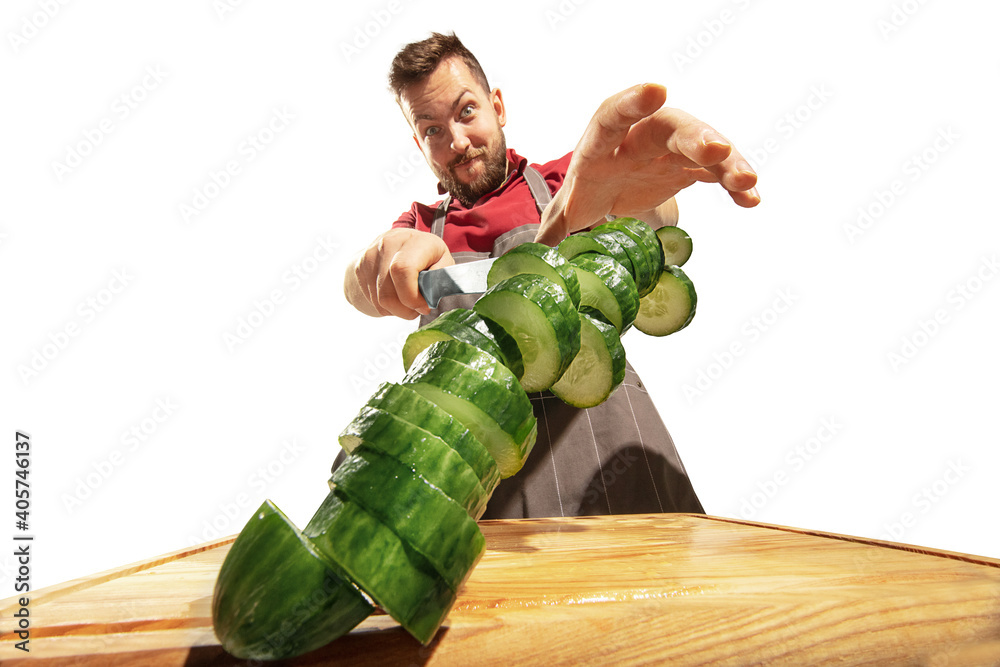 Amazing caucasian man preparing unbelievable food with action, details ...