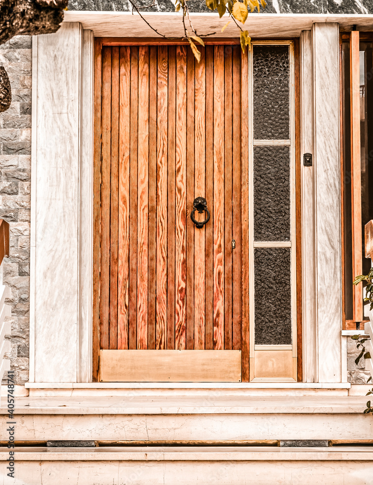 contemporary house main entrance natural wood door and side transom ...