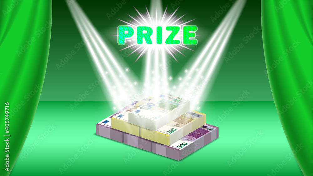 Theater stage with curtain, inscription prize. 3d bundles of EU paper ...