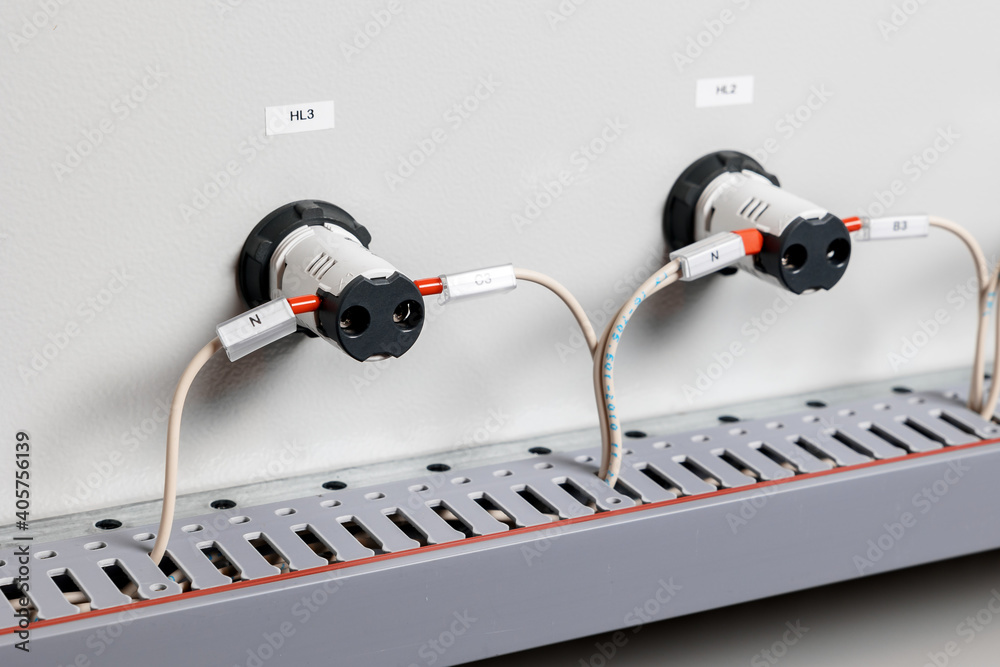 Connections of colored wires in the electrical cabinet. Automatic ...