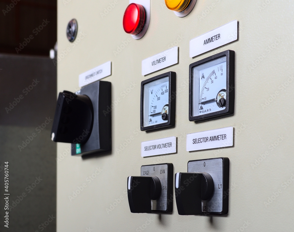 Power panel showing its ammeter selector switch and voltmeter analog ...