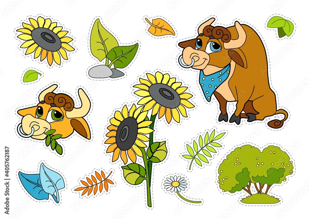 Sticker pack for kids with cheerful bull, plants and flowers isolated ...