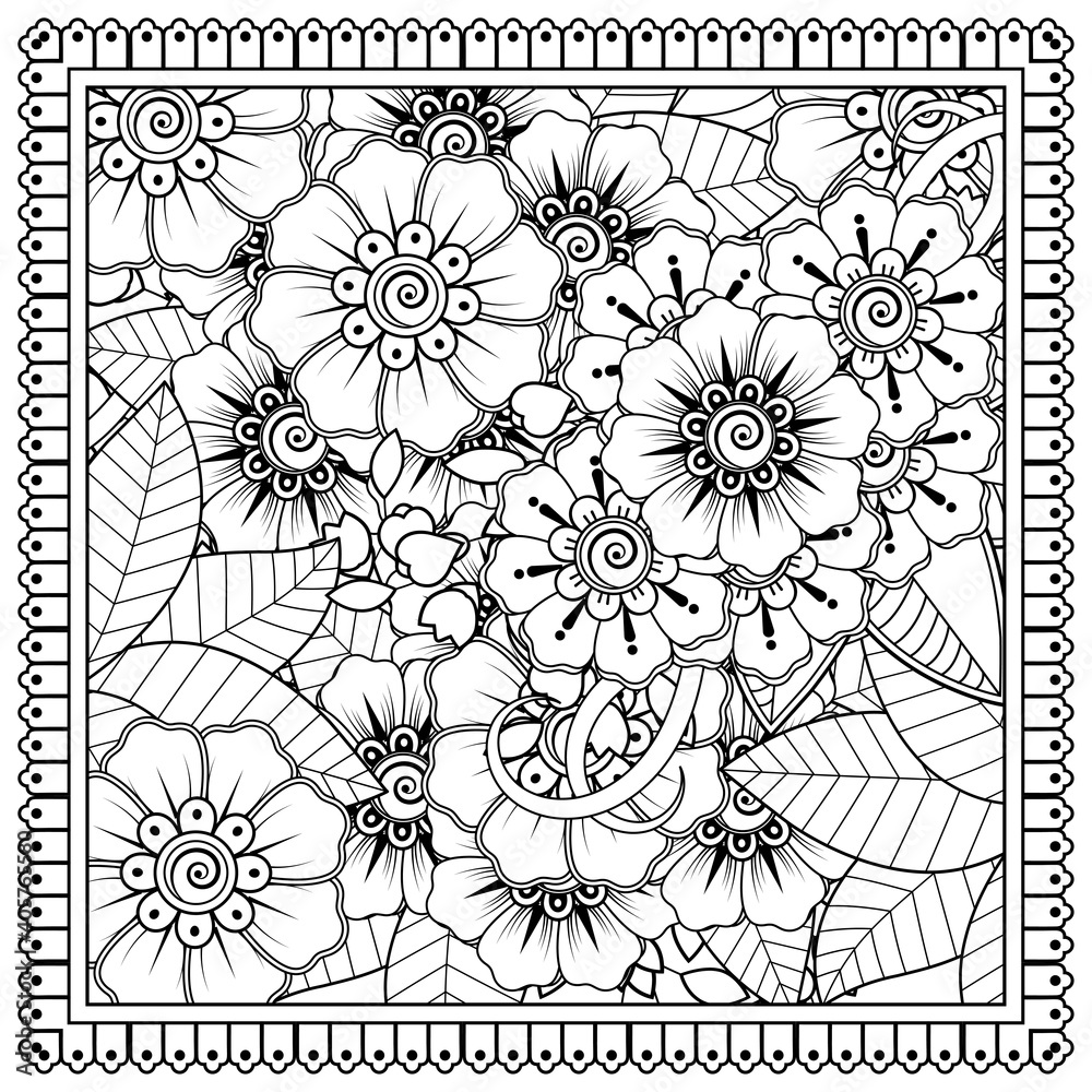 Outline square flower pattern in mehndi style for coloring book page ...