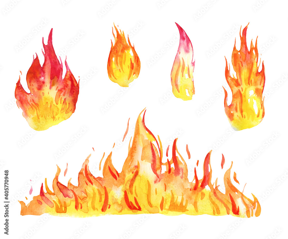 Watercolor flames, lights and torches set. Different fire elements ...