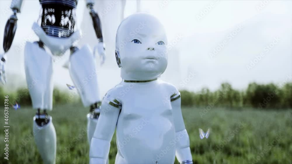 mother robot with her baby robot in the meadow on the background of a ...