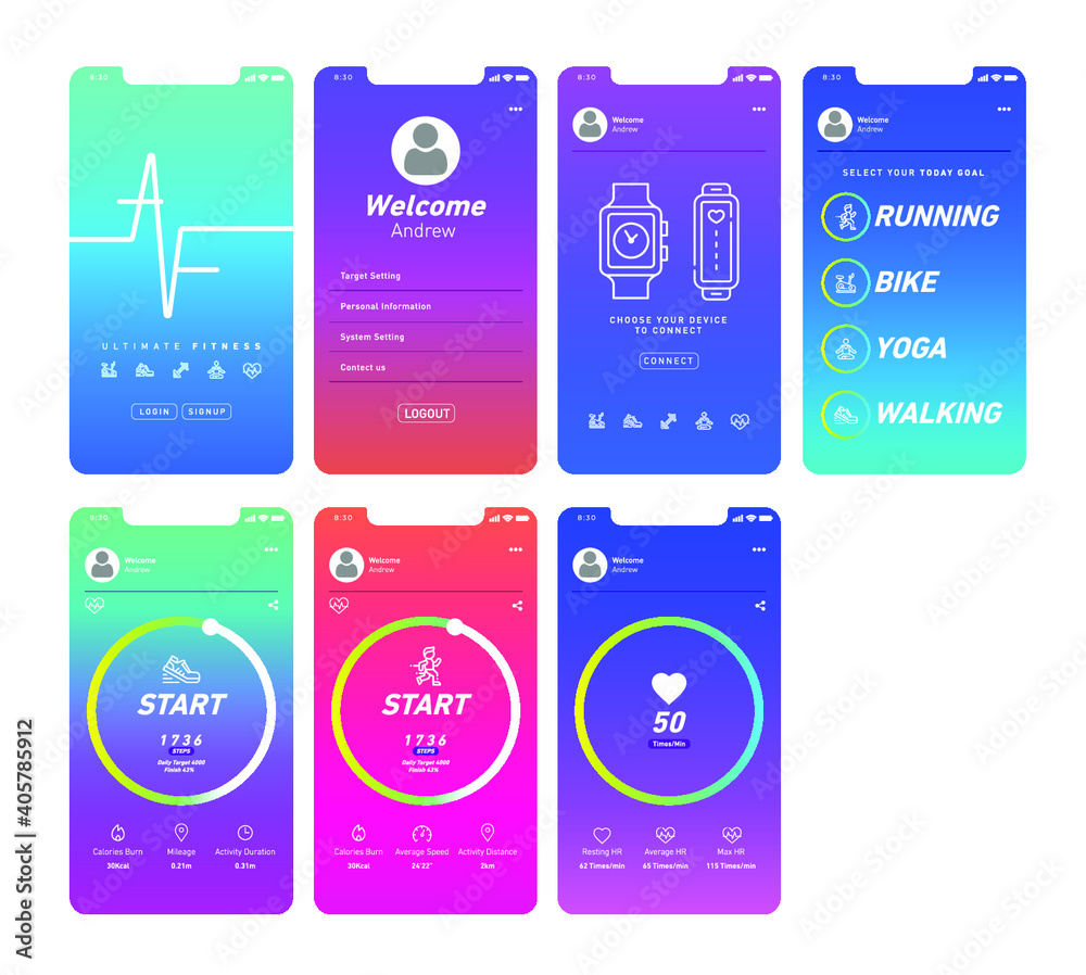 Fitness and yoga multipurpose app UI/UX vector Design theme for android ...