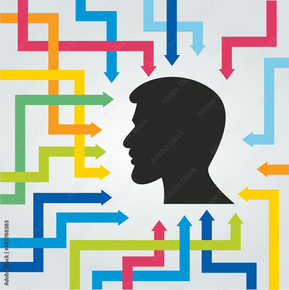 Human head with arrows symbolising information, data, mathematical ...