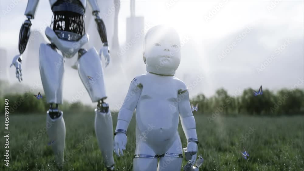 Video Stock mother robot with her baby robot in the meadow on the ...