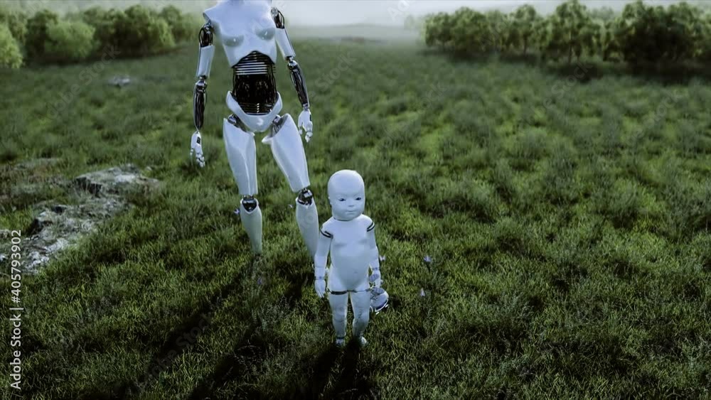 mother robot with her baby robot in the meadow on the background of a ...