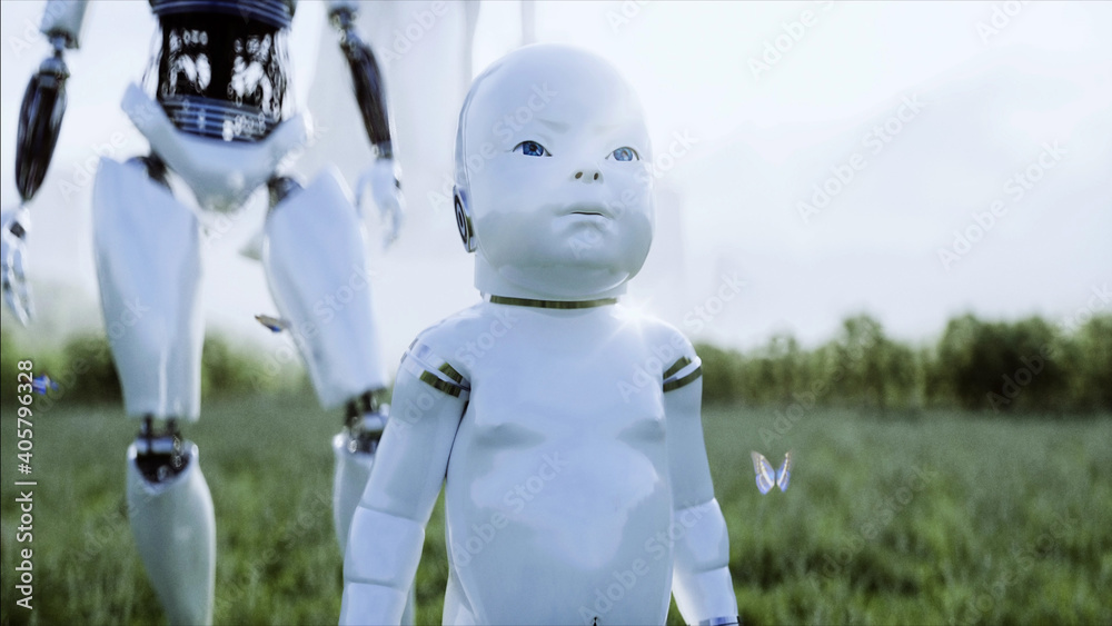 mother robot with her baby robot in the meadow on the background of a ...