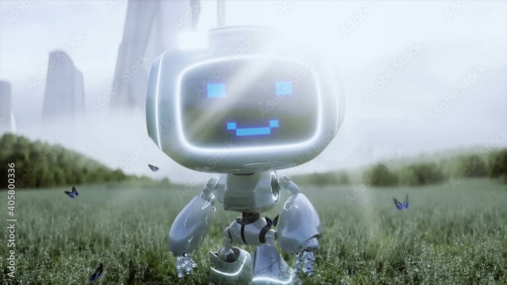 Funny toy robot in the meadow on the background of a futuristic city ...