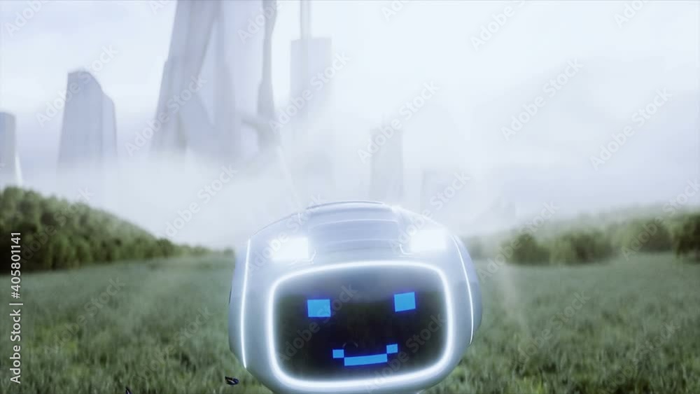 Vidéo Stock Funny toy robot in the meadow on the background of a ...