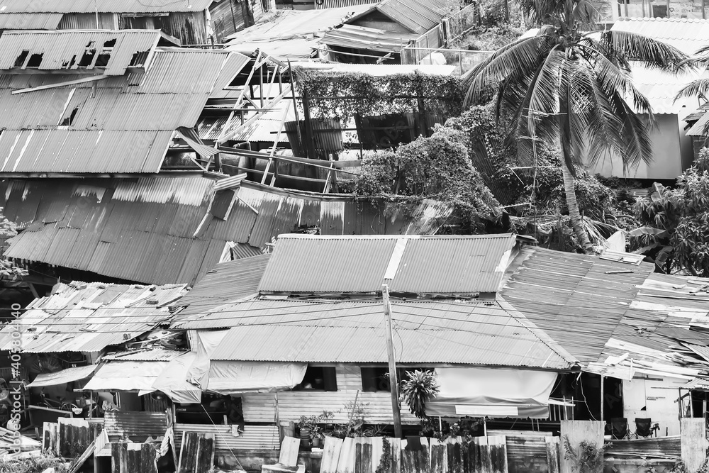 Aerial black and white image of old slum or packed housing units for ...