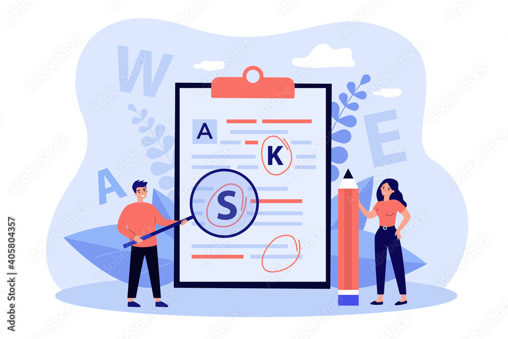 Tiny people proofreading text flat vector illustration. Cartoon ...