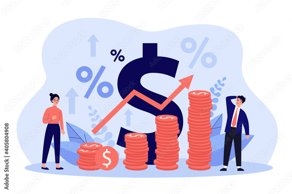 Tiny people standing near piles of coins with growth arrow flat vector ...