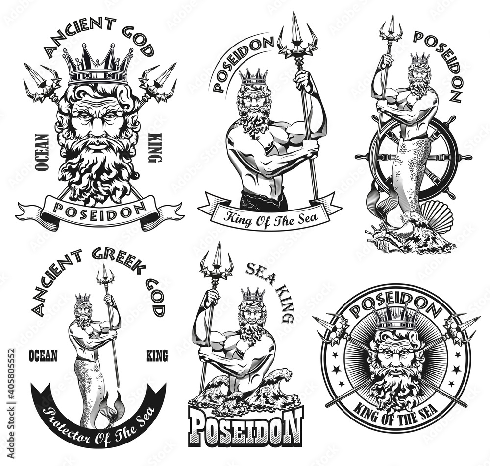 Monochrome Poseidon emblems vector illustration set. Vintage stickers ...