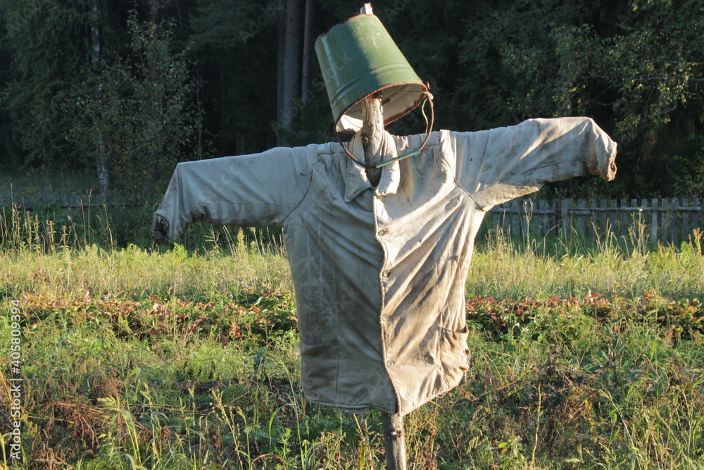 Scarecrow in the garden.A scarecrow made of old clothes and a bucket ...
