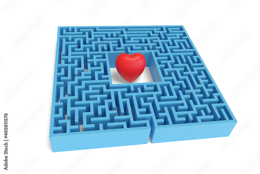 Red heart in the middle of a maze isolated on a white background. 3d ...