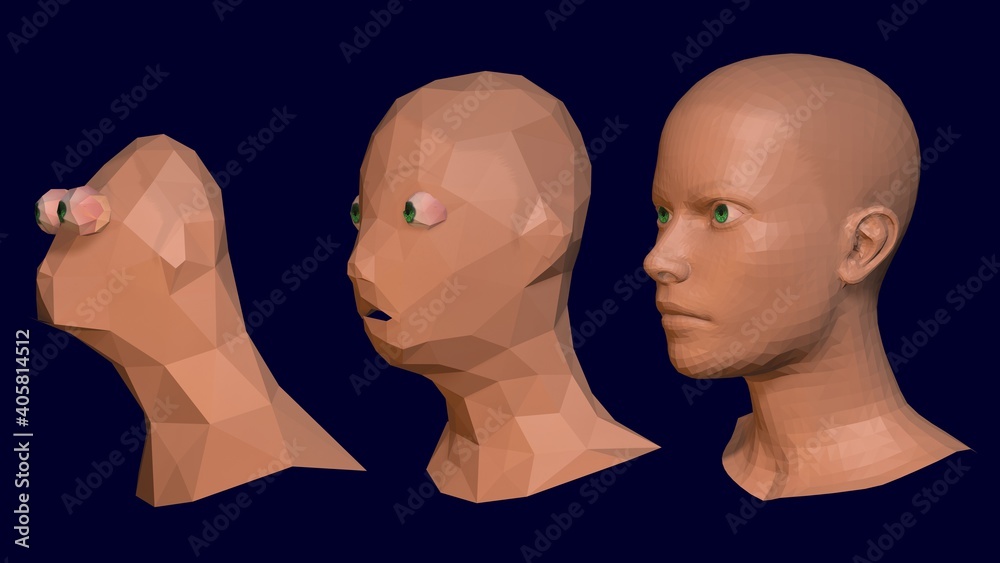 3d female model showing high , medium and low resolution object stages ...