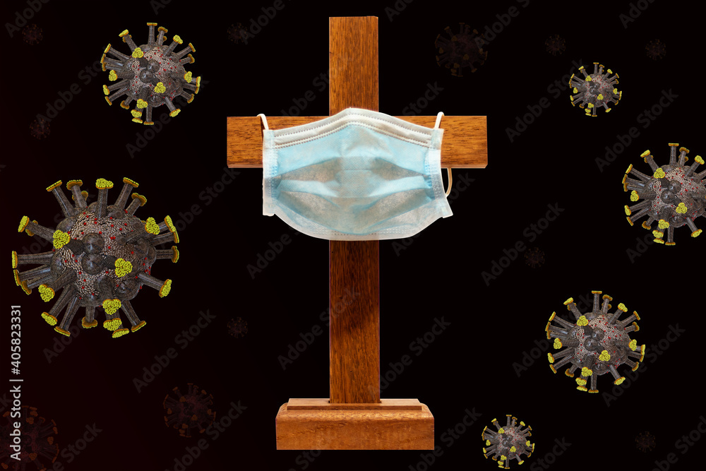 Health mask and crucifix are symbols that represent religious ...