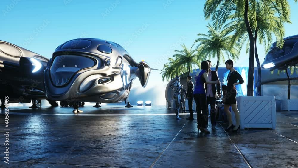 People and robots. futuristic city station on the clouds. Flying ...