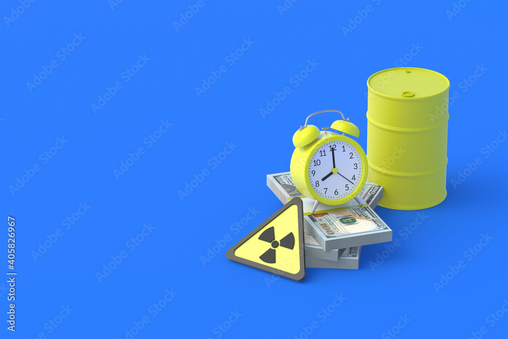 Barrel with toxic substance, money, alarm clock and radiation sign ...