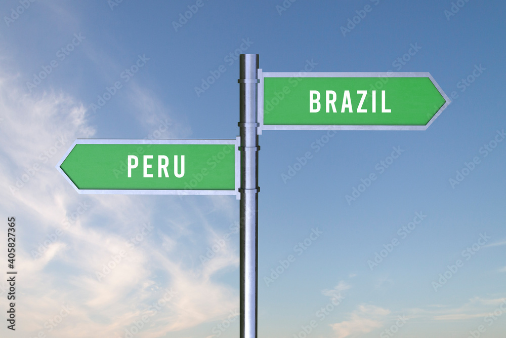 Sign indicating the direction of the borders between two countries ...