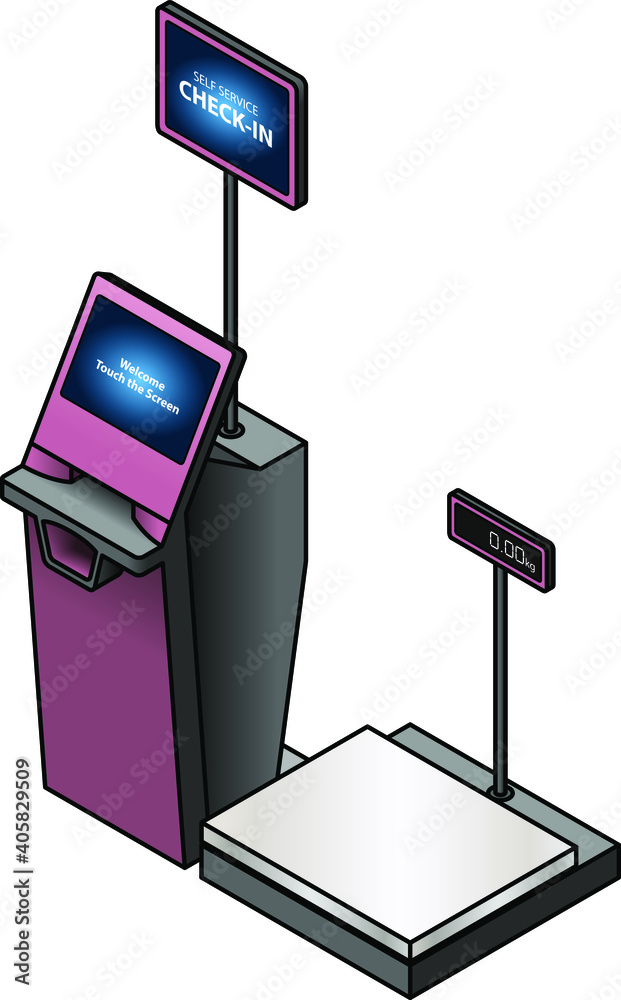 An airport self service check in booth/kiosk with attached baggage ...