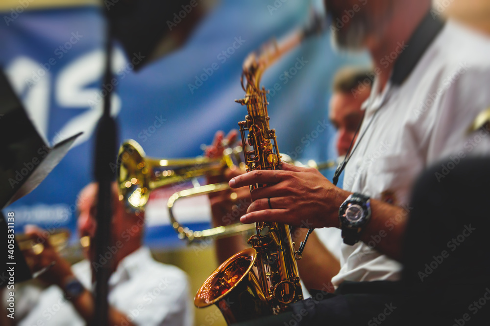 Poster Concert view of an jazz orchestra tubist Tuba player performs ...