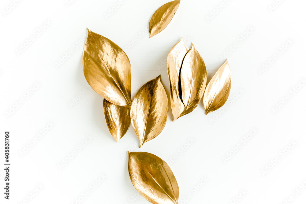 Pattern, texture with gold leaves isolated on white background. flat ...