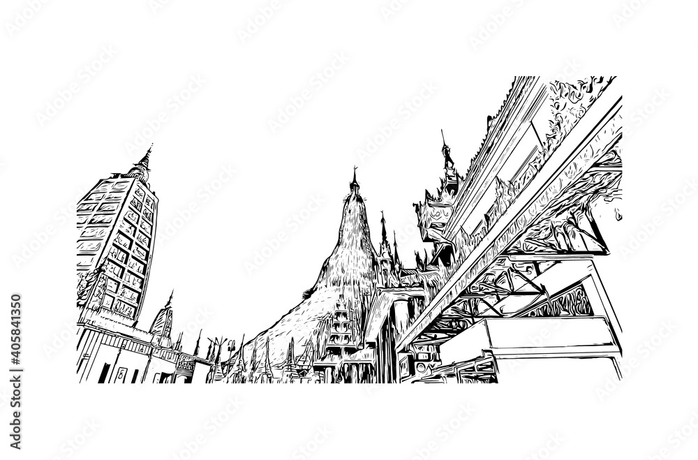 Building view with landmark of Dawei is the city in Myanmar. Hand drawn ...