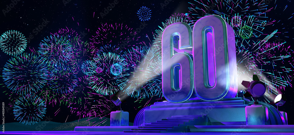 Number 60 in solid and thick form on a pedestal illuminated by 4 ...