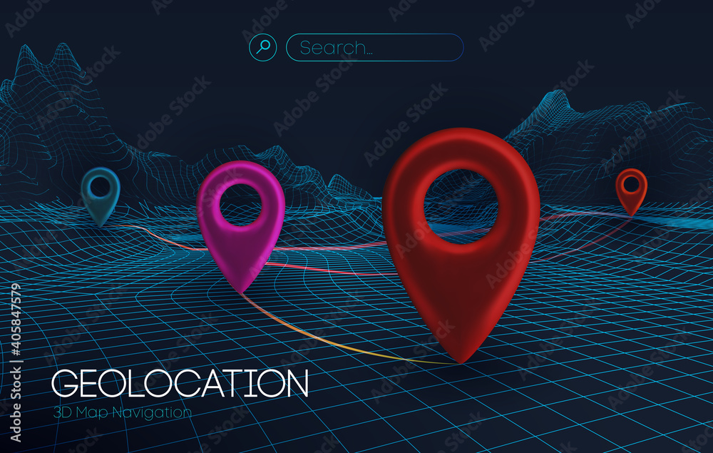3d map navigation pointers vector 3d illustration. Wireframe landscape ...