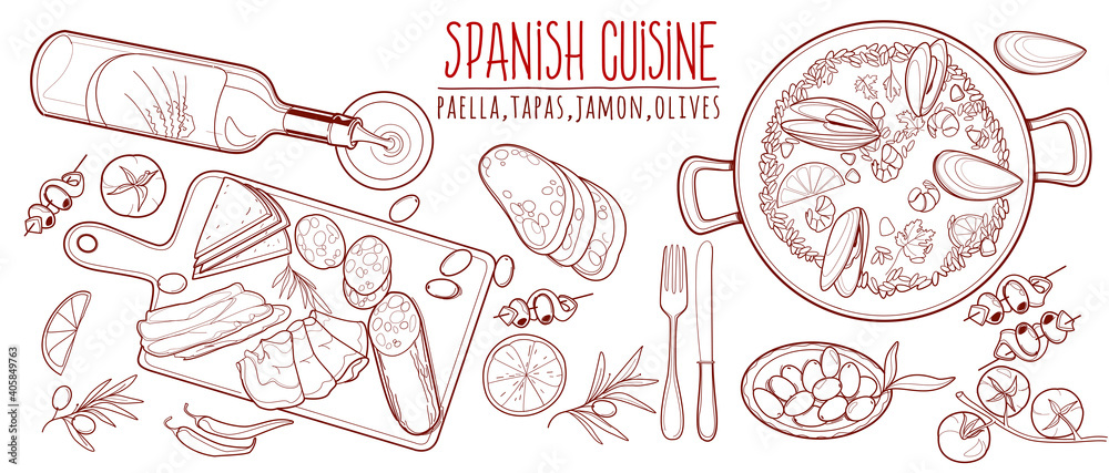Hand drawn vector sketch illustrations of Spanish food, Spanish cuisine ...