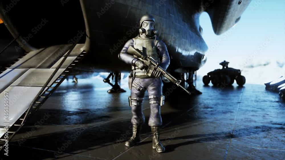 Futuristic military soldier with weapon near military cargo ship ...