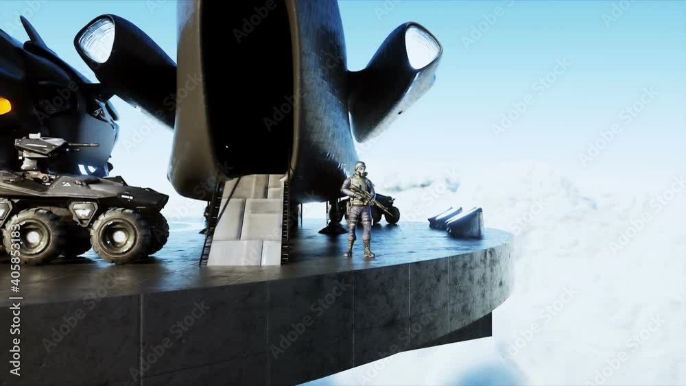 Futuristic military soldier with weapon near military cargo ship ...