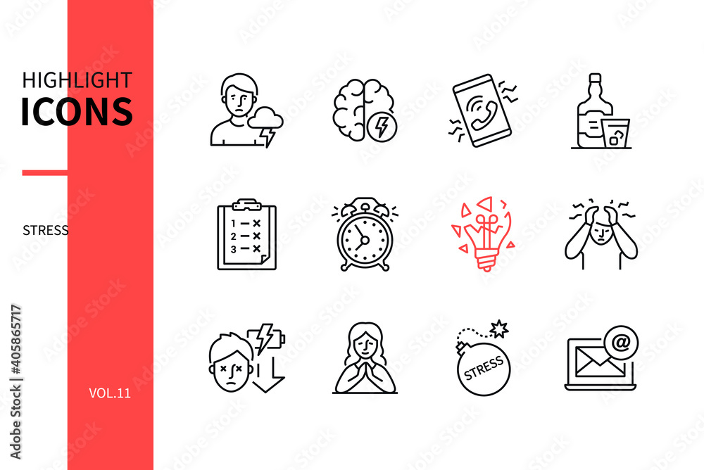 Stress and psychological problems - line design style icons set Stock ...