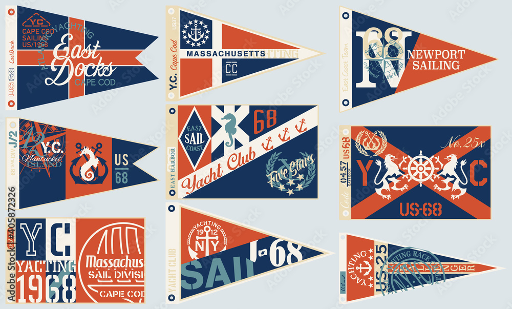 Yachting and sailing club nautical pennant flags vintage vector ...