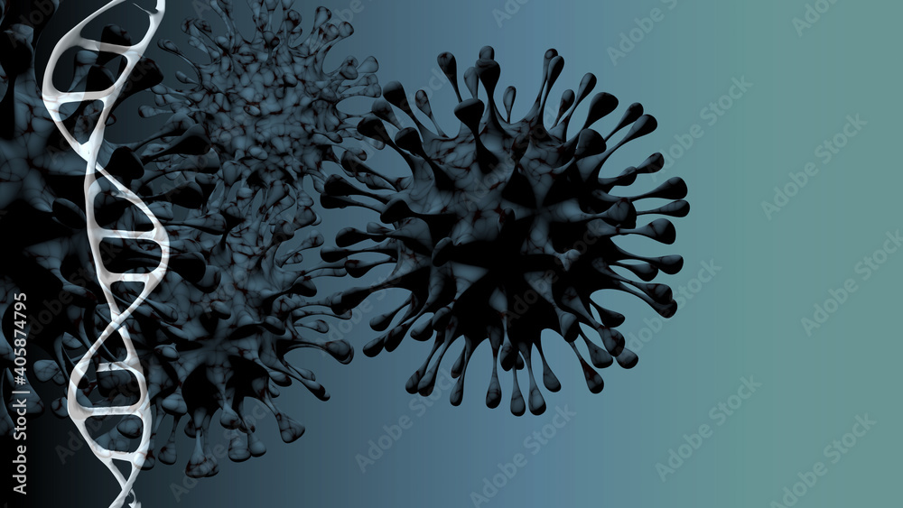 DNA spiral and viruses on a black background in 3d. Abstract of the ...