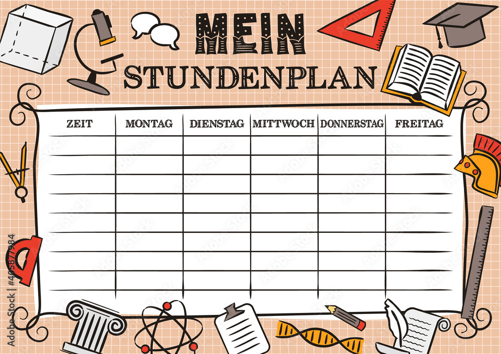 Vetor do Stock: German vintage template of a school schedule for 5 days ...