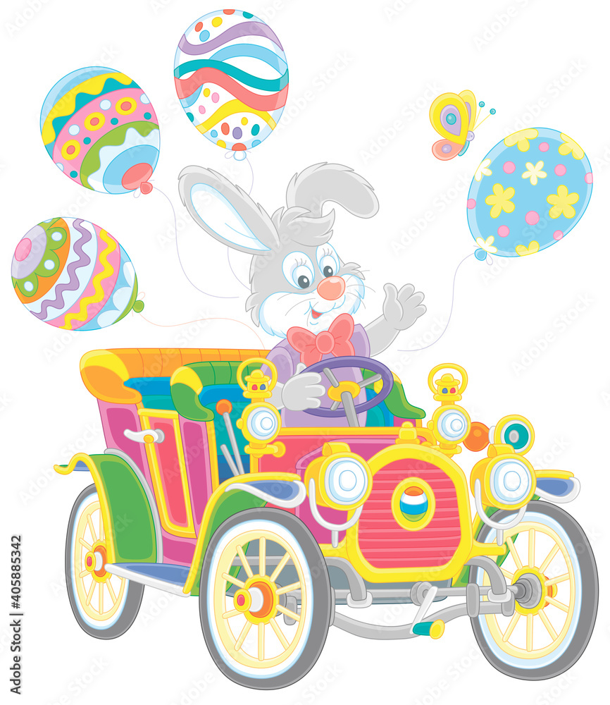 Little Easter Bunny friendly smiling, waving in greeting and driving a ...