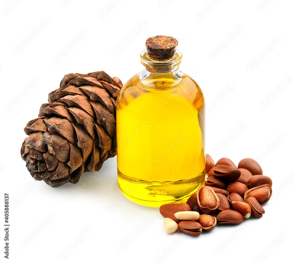 Cedar oil with pine nuts. Cedar sap Stock Photo | Adobe Stock
