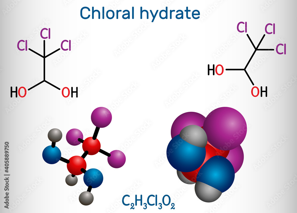 Chloral hydrate. geminal diol, anesthetic molecule. A synthetic ...