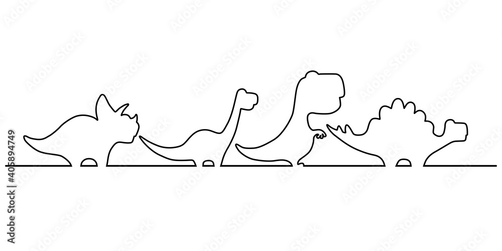Black dinosaurs on the line isolated on white background. Flat design ...