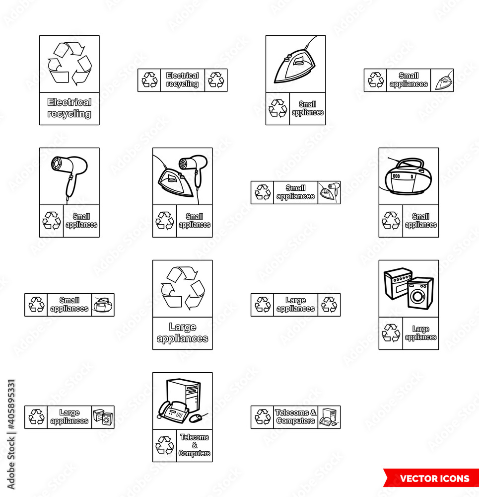 Electrical recycling signs icon set of outline types. Isolated vector ...