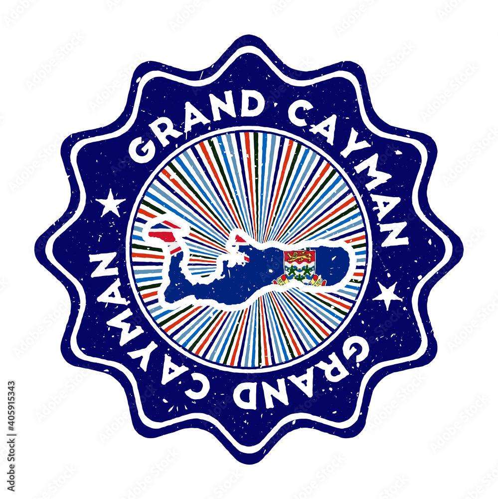 Grand Cayman round grunge stamp with island map and country flag ...